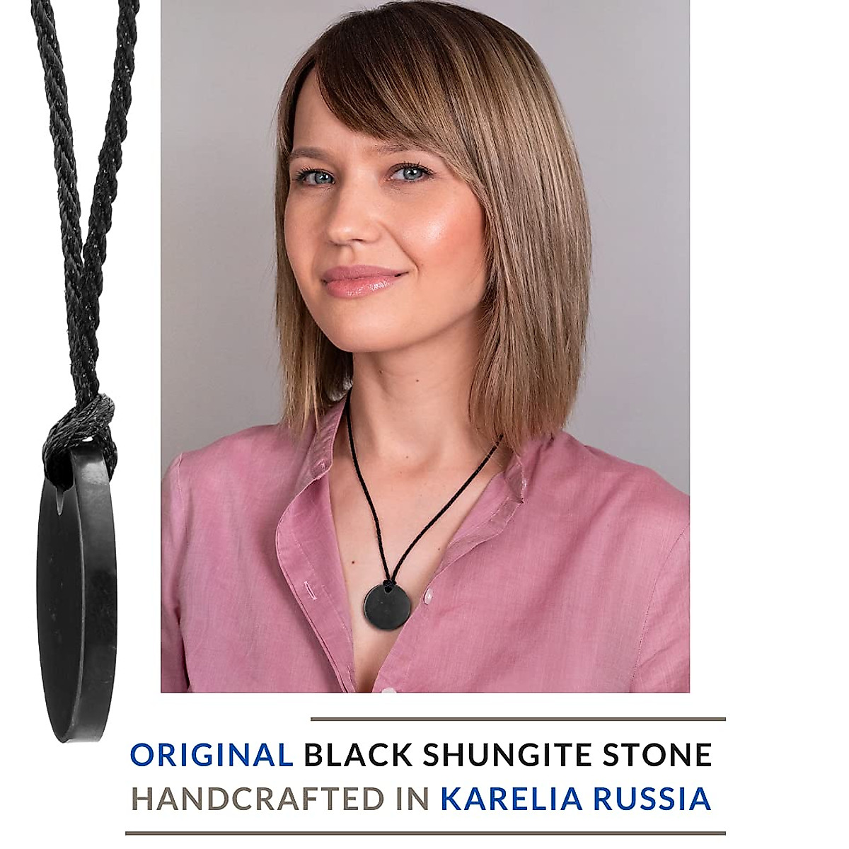 QUANTHOR Shungite Stones Protection Necklace | Authentic from Karelia Shungite Crystal with Carbon Fullerenes | Bad Energy Protection Shungite Necklace (Round)