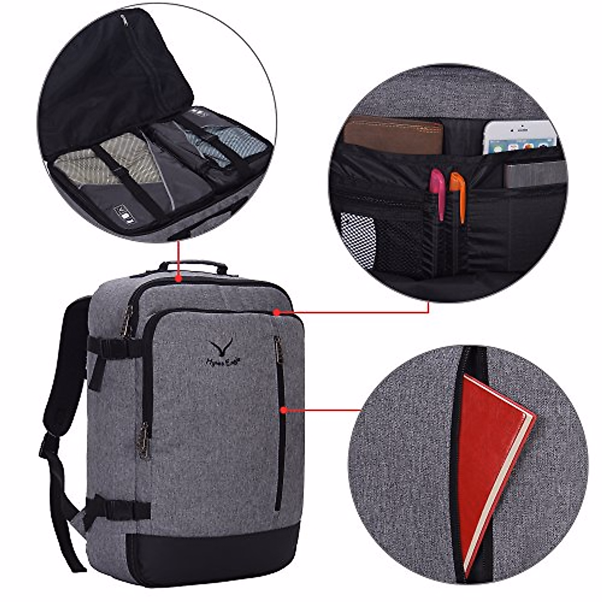 Hynes Eagle Carry on Backpack 38L Large Travel Backpack for Women Flight Approved Weekender Bag Laptop Backpack Men 15 inches Black Grey with Grey 3PCS Packing Cubes
