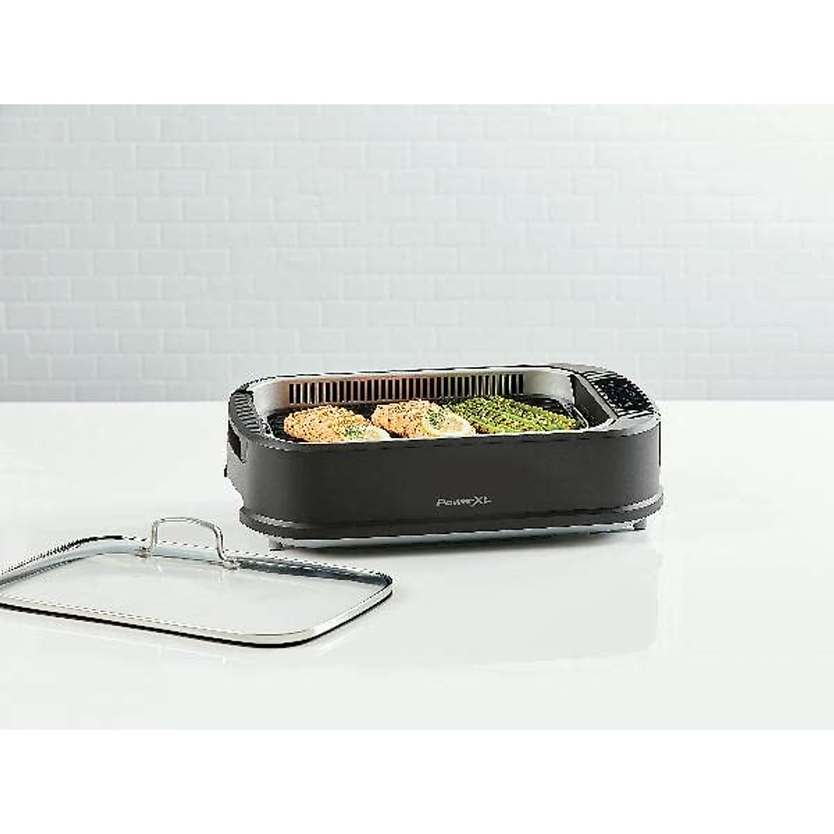 PowerXL Smokeless Grill Family Size- with Tempered Glass Lid with Interchangeable Grill and Griddle Plate and Turbo Speed Smoke Extractor Technology 22.1” X13.2” X 6.1