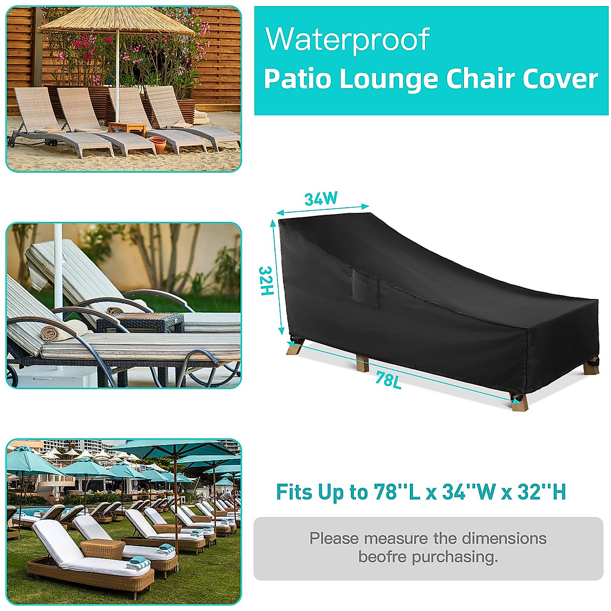 WLEAFJ Patio Chaise Lounge Cover Waterproof, Heavy Duty Outdoor Lounge Chair Covers, Black Durable Patio Furniture Covers, 78L x 34W x 32H inch