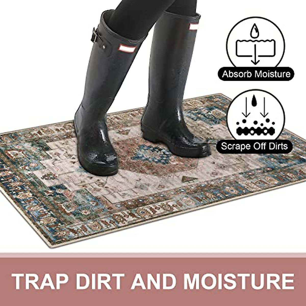 Collive Indoor Door Mat Retro Floor Mat, Non Slip Washable Doormat Large Size Quickly Absorb Welcome Mats Low-Pile Front Door Rug Inside Entryway Carpet for Entrance - 36" x 59"