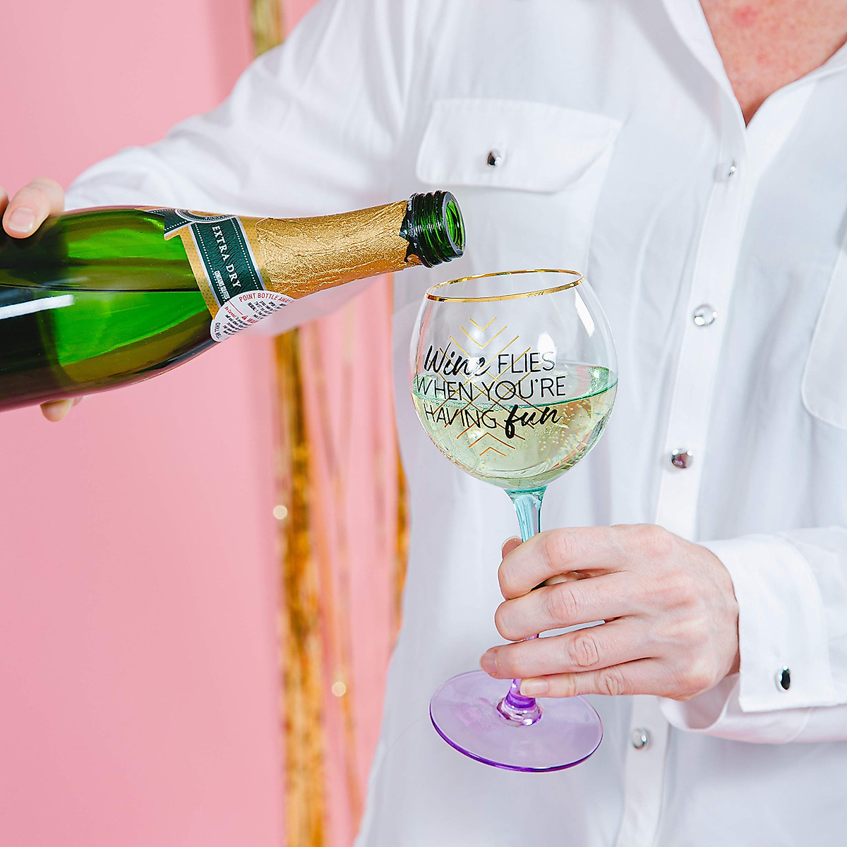 Pavilion Gift Company Flies When You're Having Fun 11 Oz Blue Ombre & Gold Unique Tipsy Stemmed Wine Glass