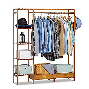 MoNiBloom Bamboo Clothes Rack, Freestanding Closet Organizer with 2 Drawers and a Hanging Rob, Extra 5 Clothing Storage Shelving for Bedroom Living Room, Brown