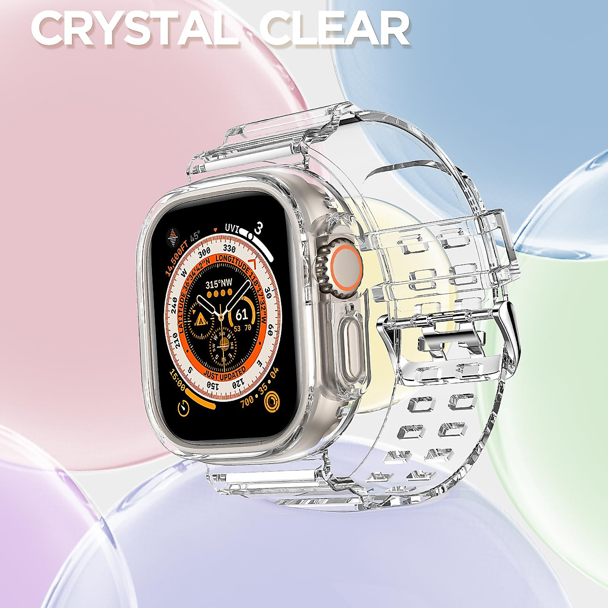 DABAOZA Compatible for Clear Apple Watch Band with Bumper Case 49mm, Women Men Glitter Bling TPU Sport Strap for iWatch SE Ultra Series 10 9 8 7 6 5 4 3 2 1（ClearCrysta,49）