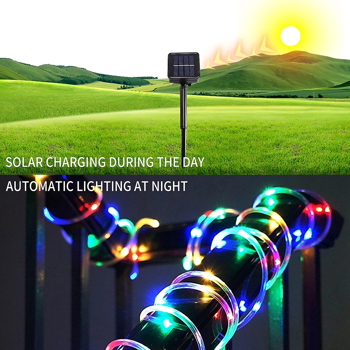 Oluote Solar String Lights Outdoor Rope Lights, 16ft 50 LEDs Waterproof Tube Lights with Solar Panel for Outdoor Home Garden Parties Independence Day Decor (Red, 16FT)