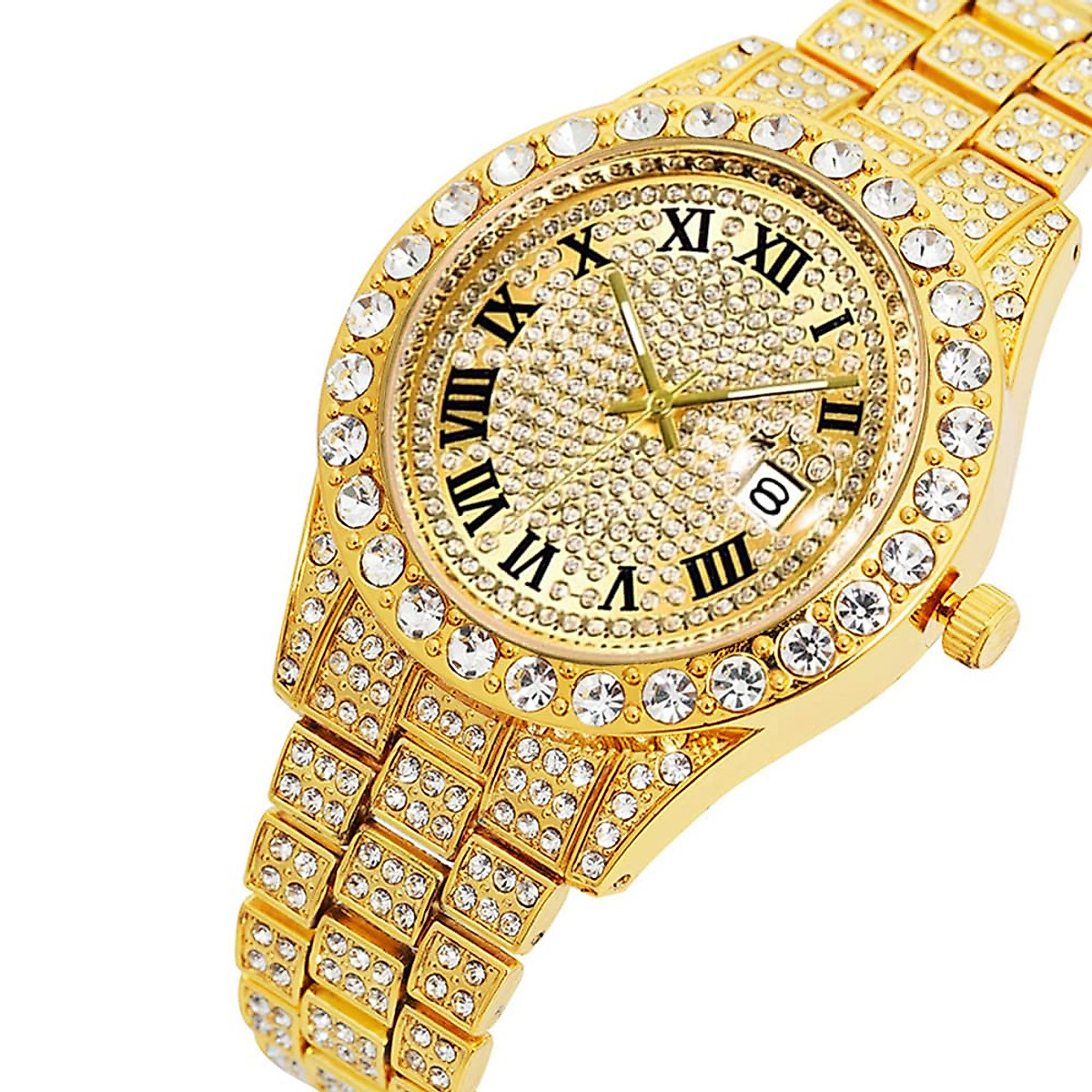 LGXIGE Mens Ice Out Watches Big Rocks with Roman Numerals Fully Colorful Dial Gold Watch (Gold)