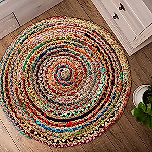 Chardin home Braided Boho Round Rug Natural Jute & Rainbow Rags | 3 feet Round Farmhouse Jute & Cotton Rag Area Rug | Artisanal Bohemian Handcrafted Home Décor | Multi