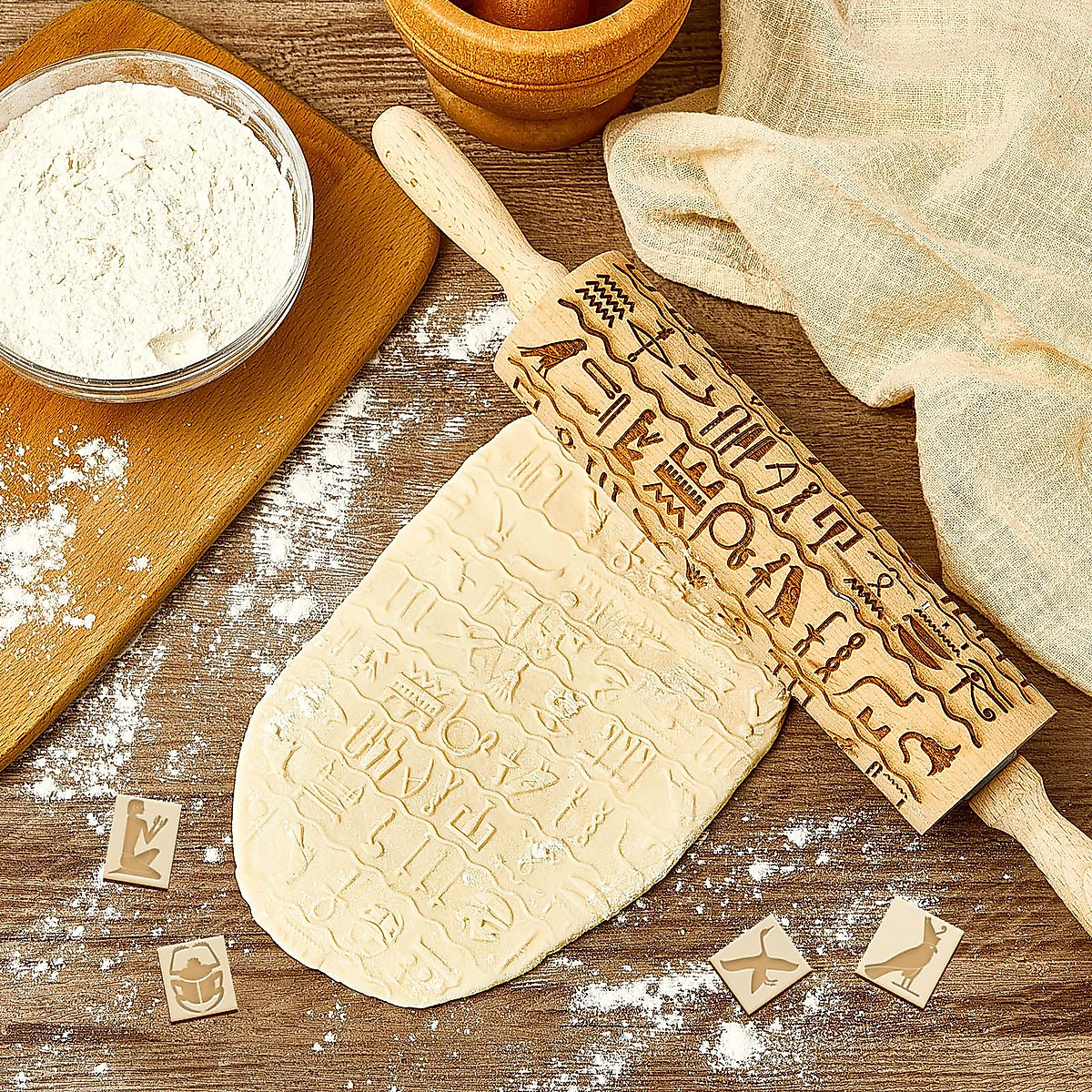 Rolling Pins for Baking Egypt Hieroglyphs Engraved Embossing Rolling Pin 15 Inches Embossed Rolling Pin Kitchen Tools for Egyptian Theme Baking Embossed Cookies for Women Mom Birthday Gift
