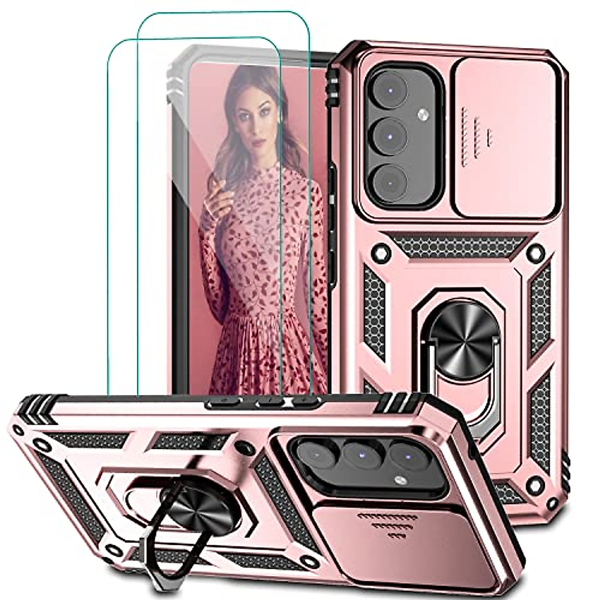 MLDWH Samsung Galaxy A54 5G Case with Stand Kickstand Ring and Camera Cover with Screen Protector [2 Pack], Heavy Duty Military Grade Shockproof Protective Cover for Samsung Galaxy A54 5G (Rose Gold)