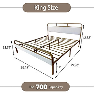 alazyhome Modern King Size Bed Frame, Metal Platform Bed with Velvet Upholstered Headboard, Steel Slats Support, Noise Free, Under-Bed Storage, Easy Assembly, Gold