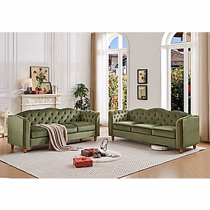 HITHOS 78" Velvet Sofa Couch, Soft 3 Seater Sofa Couche for Living Room, Button Tufted Comfy Couch Modern Sofa with Upholstered Cushion, Gold Trim, Solid Wood Legs for Dorm Bedroom Apartment, Green