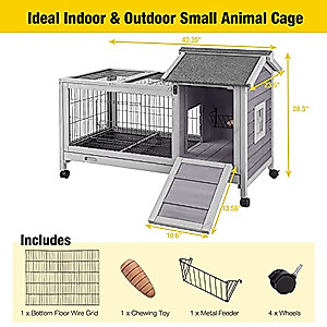 Aivituvin Wooden Rabbit Hutch with Removable Wire Floor Grid, Bunny Cage with Deeper Leakproof Tray - 4 Wheels Include
