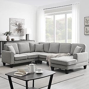 U Shape Sectional Sofa, 7-Seat Fabric Sectional Sofa Set with 3 Pillows,Fabric Corner Couch with Backrest and Armrest for Living Room, Apartment, Office (Light Grey)