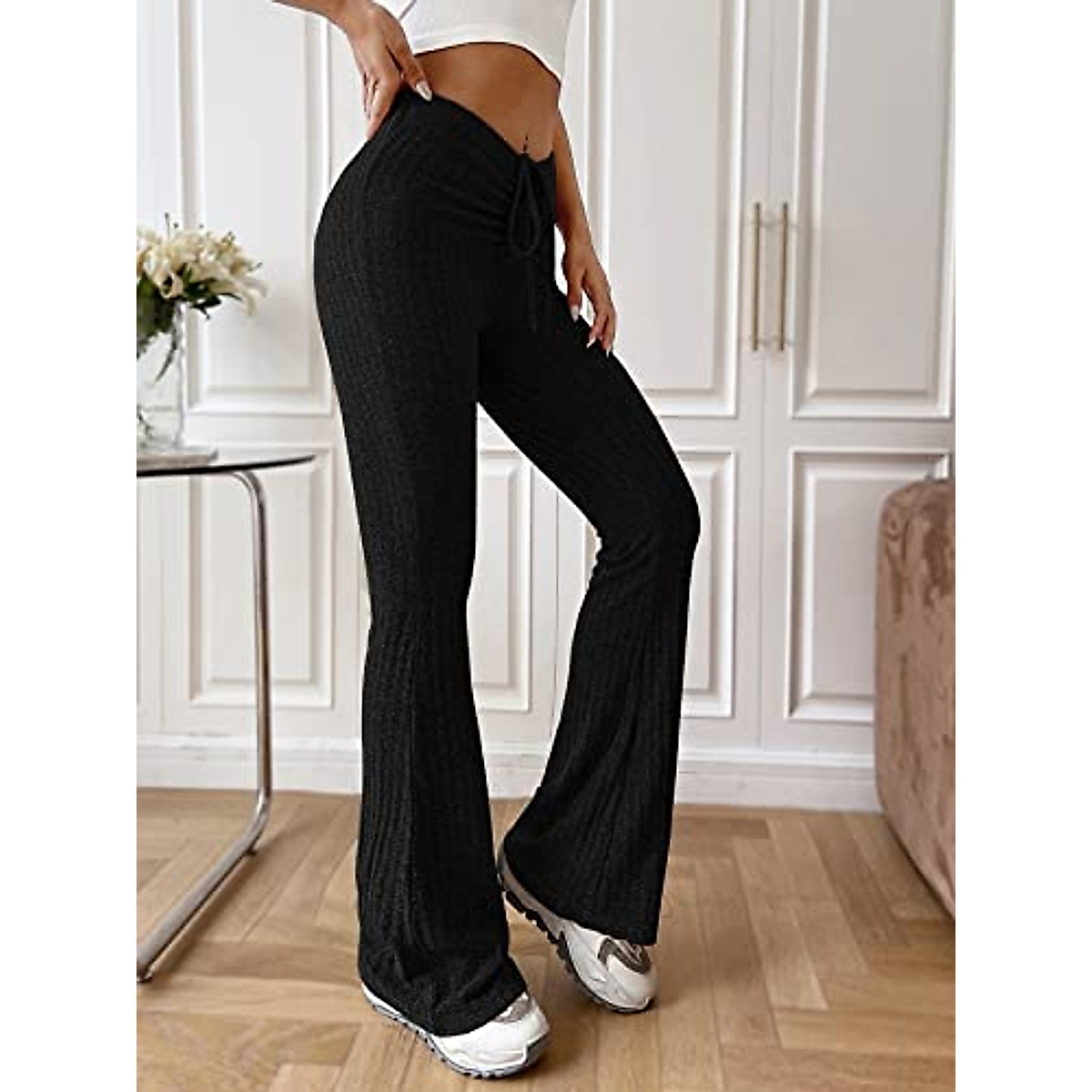 MakeMeChic Women's Drawstring High Waist Ribbed Knit Flare Pants Bootcut Yoga Pants Black S