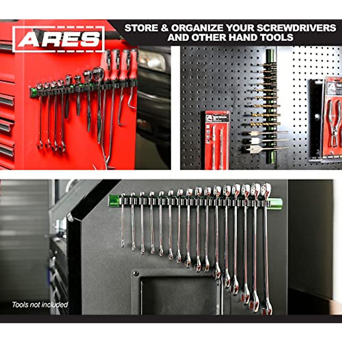 ARES 62028 - Green 16.5-Inch Hand Tool Holder - Aluminum Rail Stores up to 16 Screwdrivers or Small Tools and Keeps Your Garage Organized