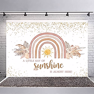 Ticuenicoa 5×3ft Boho Rainbow Baby Shower Backdrop A Little Ray of Sunshine is Almost Here Baby Shower Party Banner Wall Decorations Boho Pampas Glitter Dots Girls Baby Shower Background