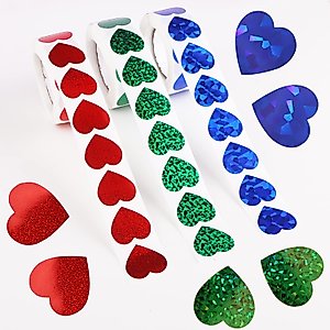 Hearts Stickers, 1500 PCS Glitter Valentine Stickers, 1” Red Blue Green Roll Self Adhesive Heart Shaped Love Labels for Adult Kids Valentine's Day Anniversaries Wedding Envelope Seal Decoration Decor