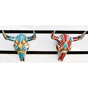 Ebros Gift Set of 2 Red and Blue Western Robotic Cyborg Horned Cow Skull 10" H Wall Decor Sculptures Wildlife Bisons Bulls Spirit Totem Accent Sculpture