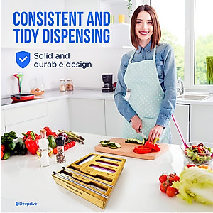 Deepdive Ziplock Bag Organizer and Plastic Wrap Dispenser with Cutter, 6 IN 1 Bamboo Foil and Plastic Wrap Organizer for Kitchen Drawer, Ziplock Bag Storage Organizer for Gallon,Quart,Sandwich,Snack