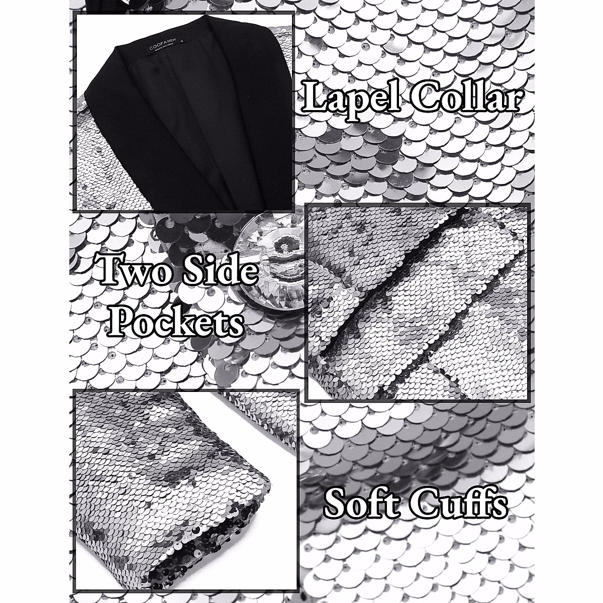 COOFANDY Men's Shiny Sequins Suit Jacket Blazer One Button Tuxedo Banquet Prom Silver