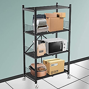 GUUVOR Kitchen Storage Rack,4 Tier Shelf,Bakers Rack,Pantry Shelf Organizer Metal Shelving With Wheels,Removable,No Assembly Required,Garage Shelving Black Storage Shelves For Cabinets,Bathroom,Garage