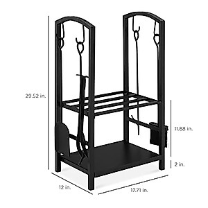Best Choice Products 5-Piece Indoor Outdoor Wrought Iron Firewood Log Storage Rack Holder Firepit Tools Set for Fireplace, Fire Pit, Stove w/Hook, Broom, Shovel, Tongs - Black