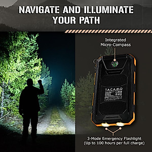 TACAMO® Solar Power Bank Portable Charger - IP67 Waterproof and Dustproof - TSA Compliant - for Backpacking and Camping - Dual USB Port, Fast Charging Battery Pack with 3-Mode Emergency Flashlight