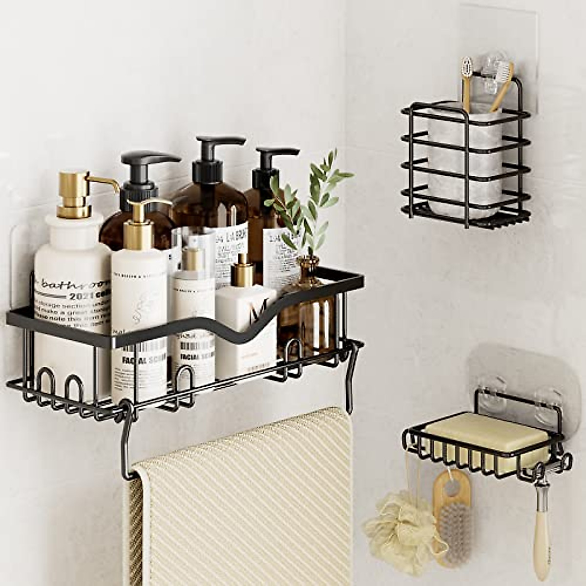AMADA HOMEFURNISHING Stainless Steel Shower Organizer with Strong Adhesive + Floating Shelves Wall Mounted Set of 3