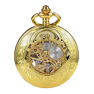 TREEWETO Men's Mechanical Roman Numerals Dial Sun and Moon Skeleton Gold Case Pocket Watches with Box and Chains for Mens Women