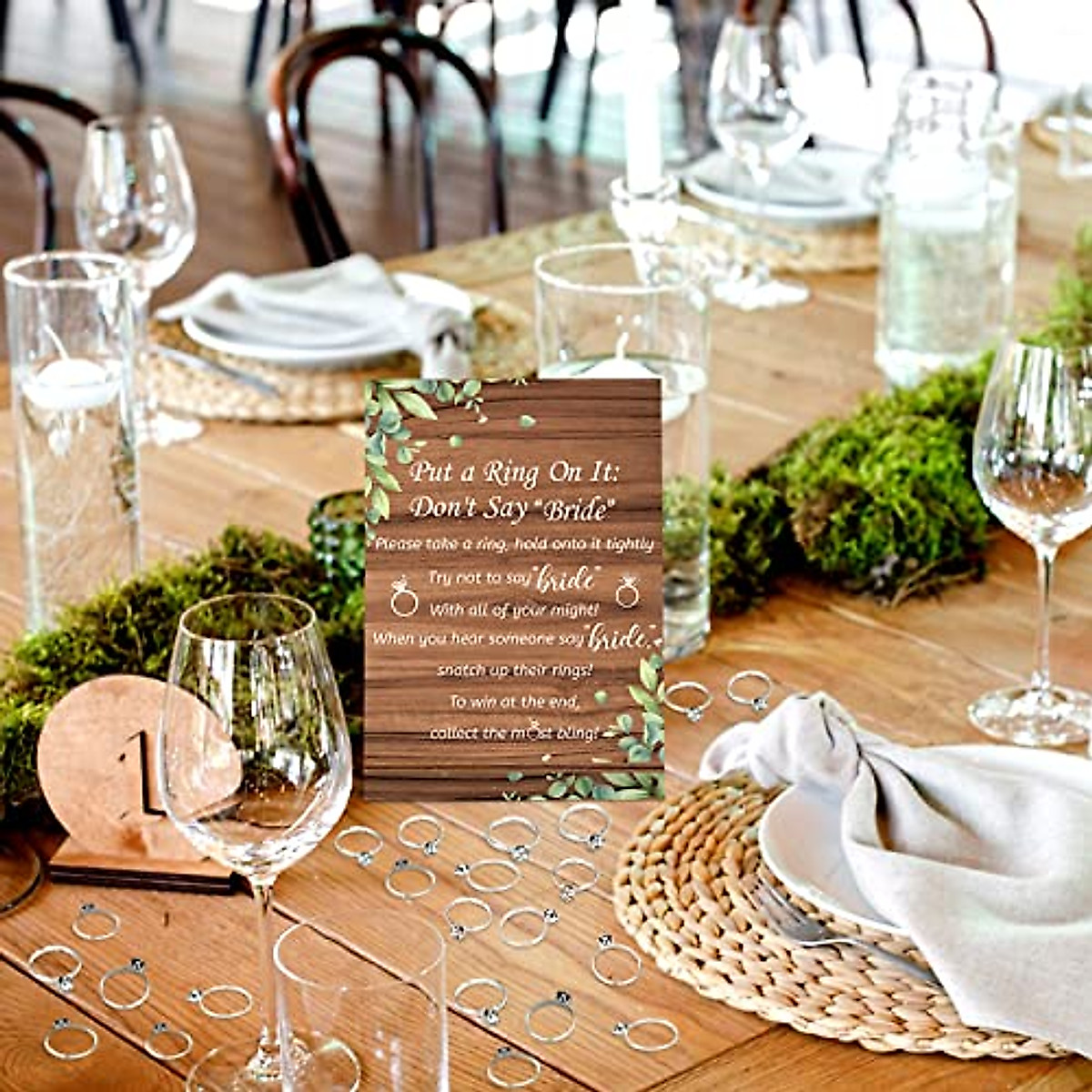 Put a Ring on It Bridal Shower Game with 100 Pcs Metal Fake Rings, Rustic Greenery Bridal Shower Favors Not Say Bride Rules Wedding Shower Games Wooden Bridal Shower Gifts for Guests (Silver)