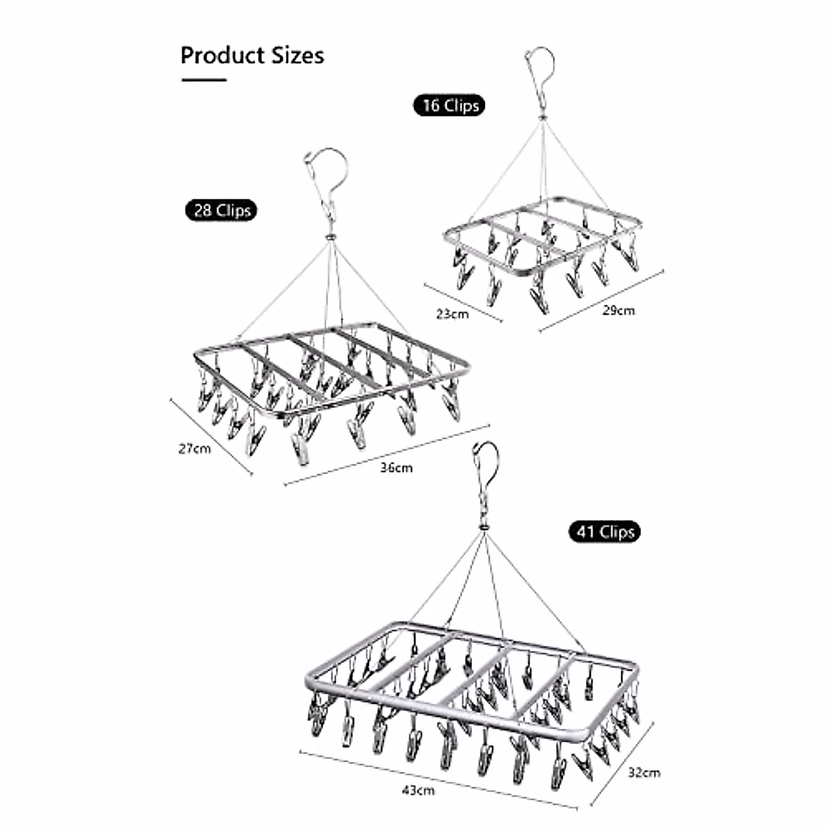 TOWOOZ Clothes Drying Rack with Clips, Stainless Steel Durable Clip and Drip Hanger Windproof Clothes Hanger Rack for Socks/Bras/Underwear/Towels, Portable Laundry Drying Rack (28 Clips, Silver)