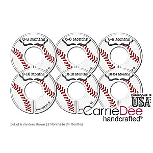 CarrieDee Handcrafted Baseball Nursery Closet Size Dividers, Boys Baseball Baby Clothes Organizers, Sports Theme Nursery (Set of 6 (0-3m to 18-24m))