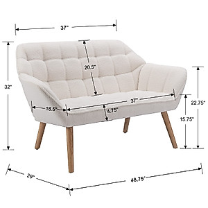ZH4YOU 48" Small Loveseat for Small Spaces, Upholstered Fluffy White Loveseat Sofa, Mid Century Modern 2-Seater Couch with Armrest and Wood Legs for Bedroom, Living Room, Apartment, White