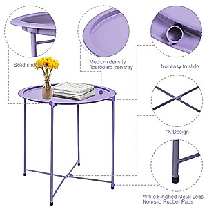 Folding Tray Metal Side Table Purple Green Round End Table Cyan Sofa Small Accent Fold-able Table, Round End Table Tray, Next to Sofa Table, Snack Table for Living Room and Bed Room