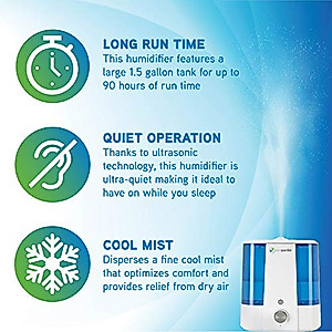 PureGuardian H1175WCA Ultrasonic Cool Mist Humidifier, 90 Hrs. Run Time, 1.5 Gal. Tank Capacity, 390 Sq. Ft. Coverage, Medium Rooms, Quiet, Filter Free, Silver Clean Treated Tank, Essential Oil Tray