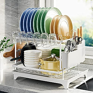 kenvc Dish Drying Rack,Large Dish Drying Rack，Dish Drainers for Kitchen Counter,Board Holder, 6 Cup Holder，Removable Large Capacity Dish Drainer, Rust-Proof Dish Drainer, White