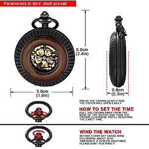 Men's Pocket Watch Mechanical Hand-Wind Steampunk Wood Grain Hollow Classic Design with Chain & Box
