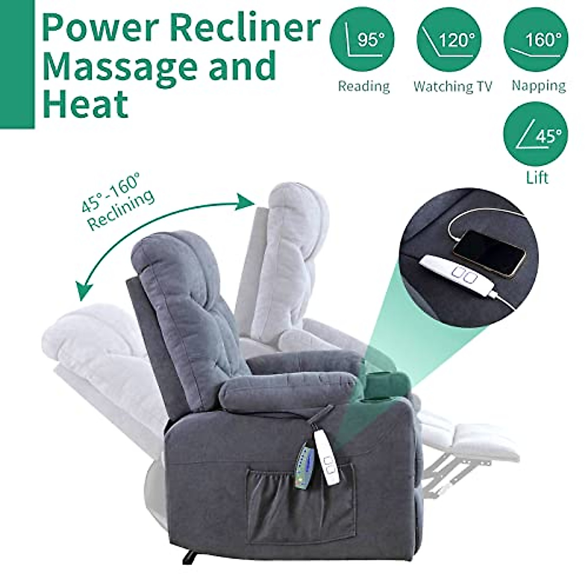 OBBOLLY Power Lift Recliner Chair for Elderly Massage with Heat, Linen Fabric Lazy Sofa with Cup Holders, USB, Side Pockets for Living Room