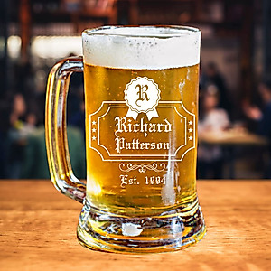 Personalized 16.oz Beer Mug | Badge Design | Clear Glass | Custom Made | Perfect for wedding gifts, anniversaries, birthday gifts, home warming gifts or graduation