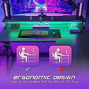 CubiCubi 51 Inch Gaming Corner Desk with LED Strip and Large Monitor Stand, Ergonomic Gaming Table, Gamer Desk, L Shape, PC Corner Table, Computer Desk with Hook for Headphone