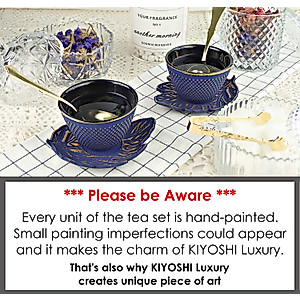 KIYOSHI Luxury 7PC Japanese Tea Set."Midnight Blue Koi" Cast Iron Tea Pot with 2 Tea Cups, 2 Saucers, Loose Leaf Tea Infuser and Teapot Trivet. Ceremonial Matcha Accessories