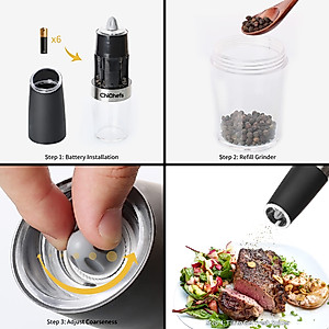 ChiChefs Gravity Electric Salt and Pepper Grinder Set, Automatic Salt and Pepper Mill Grinder, Battery Operated with White LED Light, Adjustable Coarseness, One Handed Operation, Stainless Steel