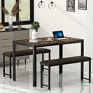 Hooseng 3 Pieces Dining Room Table Set, Modern Faux Marble Kitchen Table Set with 2 PU Leather Upholstered Benches, Ideal for Home, Apartment, Breakfast Nook, Small Space, Brown
