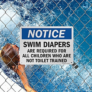 SmartSign 10 x 14 inch “Notice - Swim Diapers Are Required For All Children Who Are Not Toilet Trained” Sign, Digital Printing, 55 mil HDPE Plastic, Blue, Black and White, Made in USA