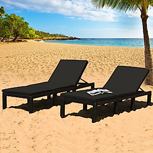 Tangkula Set of 2 Patio Wicker Lounge Chair, Outdoor Rattan Adjustable Reclining Backrest Lounger Chairs, Modern Outside Rattan Chaise with Seating and Back Cushion with Turquoise/Black Cover