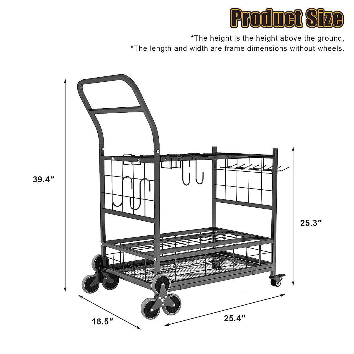 LWTURLOV Garden Yard Tool Organizer with Wheels,Garden Tool Storage,2 Stair Climbing Wheels Garden Cart Yard Tool Organizer for Garage,Yard Racks Tools, Shed, Garage Tool Organizer Rack,Black