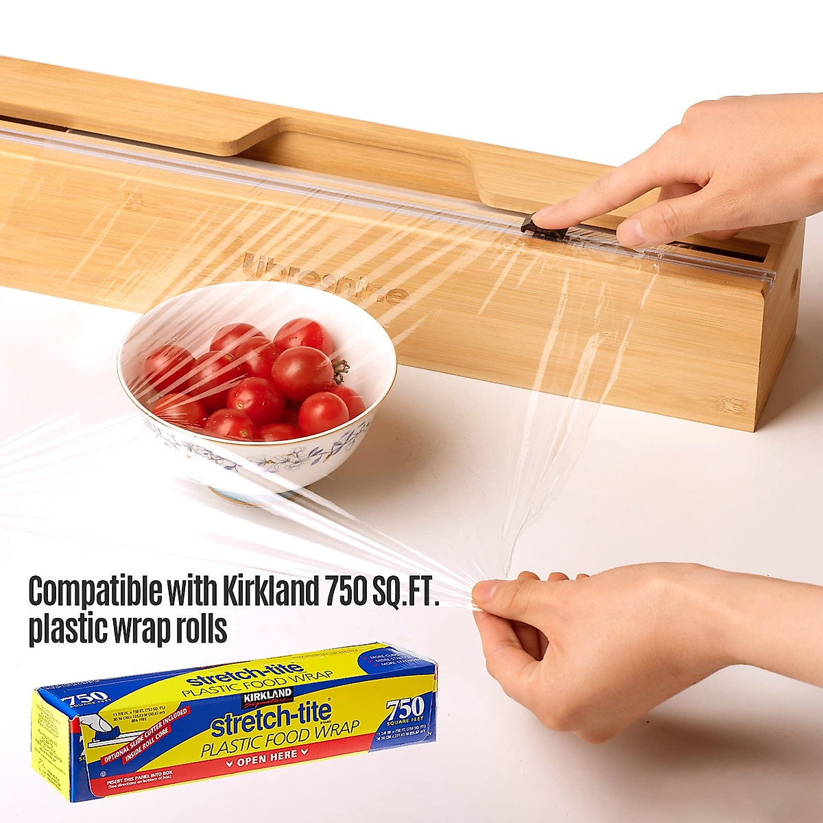 Libreshine Long Foil and Plastic Wrap Organizer with Cutter, Holder for 15 Inch Parchment Paper Roll, Bamboo Wall Mount Kitchen Wrap Dispenser