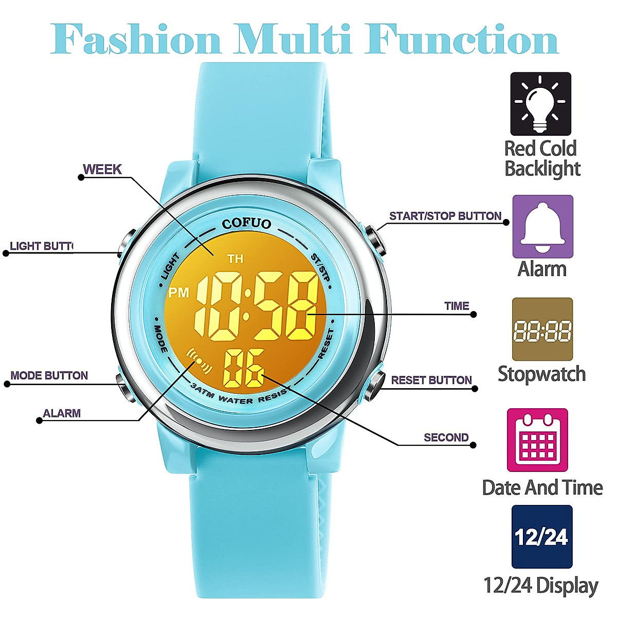 cofuo Kids Digital Sport Waterproof Watch for Girls Boys, Kid Sports Outdoor LED Electrical Watches with Luminous Alarm Stopwatch Child Wristwatch 3-12 Years