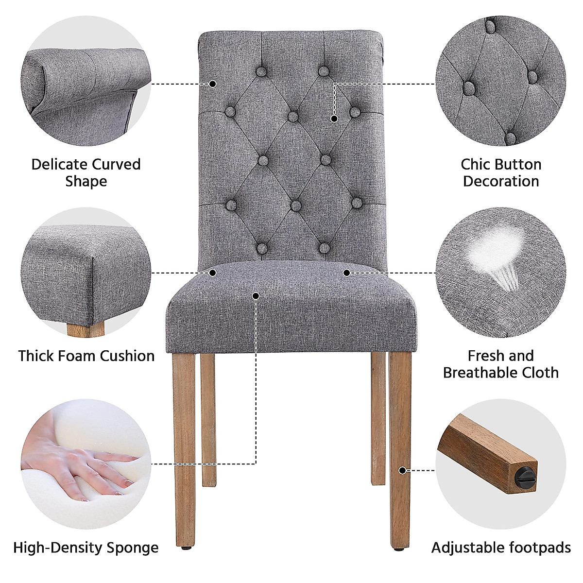 Yaheetech Dining Chairs Set of 6 Fabric Upholstered Dining Chairs Padded Chairs Button Tufted Kitchen Chairs with Solid Wood Legs for Home, Dining Room, Kitchen, Dark Gray(3 package)