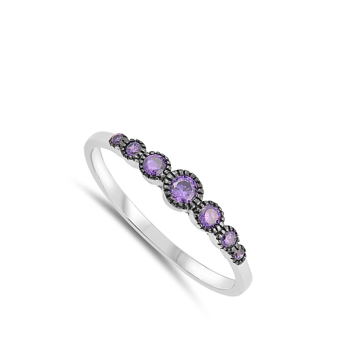 Simulated Amethyst Dainty Journey Midi Black Ring .925 Sterling Silver Band Size 6
